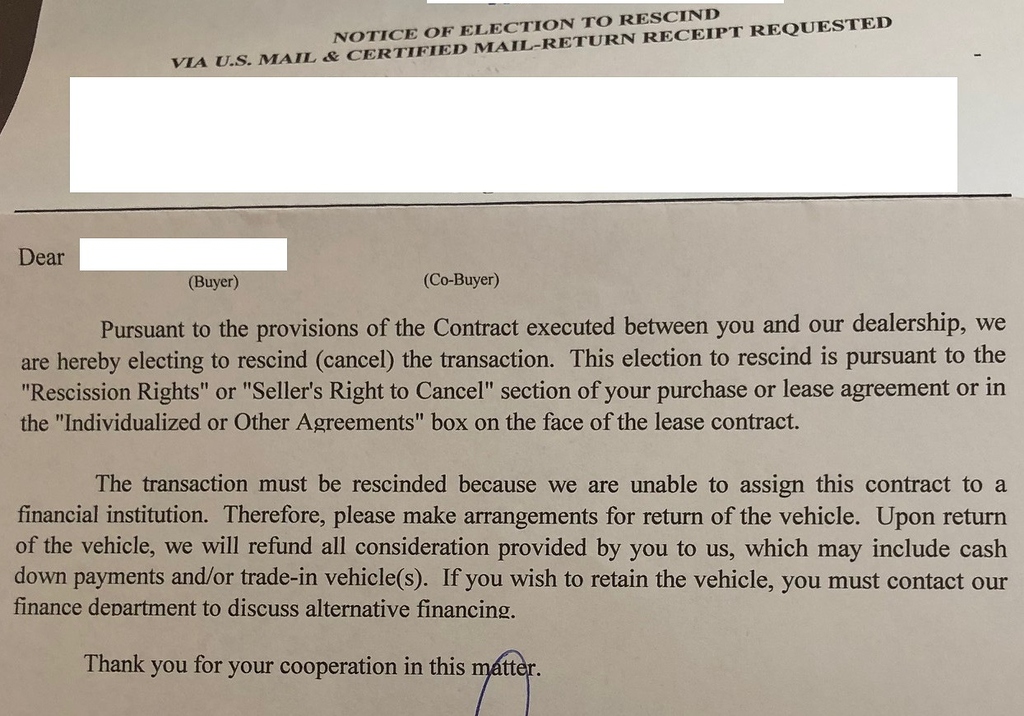 Dealer has sent "Notice of Election to Rescind" after 1 month of lease ...